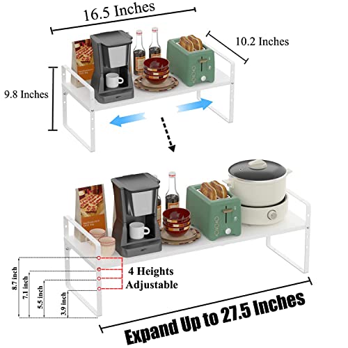 GEDLIRE Expandable Kitchen Cabinet Shelf Organizers 2 Pack, Stackable Metal Pantry Storage Shelves Rack, Adjustable Counter Shelf for Cabinets, Countertop, Cupboard Organizers and Storage, White