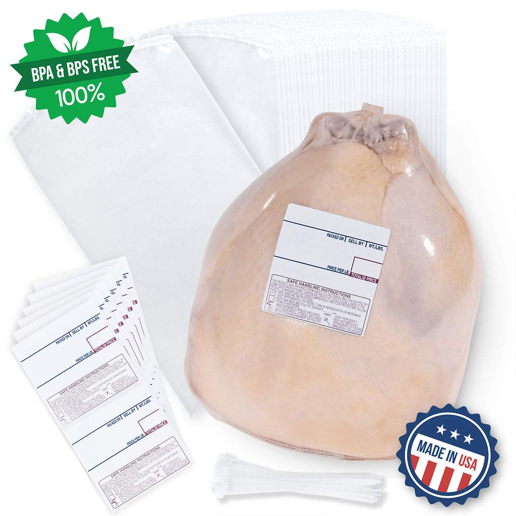 Poultry Shrink Bags (10x18) 100ct + Zip Ties and Labels, BPA/BPS Free, 3MIL, MADE IN USA