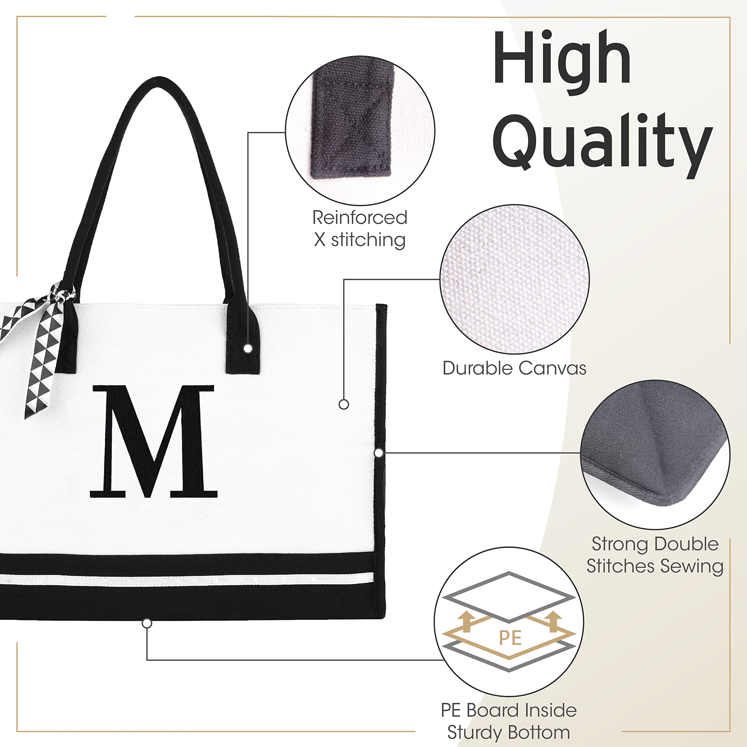 GLORIEROO Canvas Tote Bag for Women Beach Bag - Personalized Embroidery Initial Canvas Bag w Pocket Suitable for Bridesmaid Bridal Wedding Birthday Personalized Gifts for Teacher Friends Mom