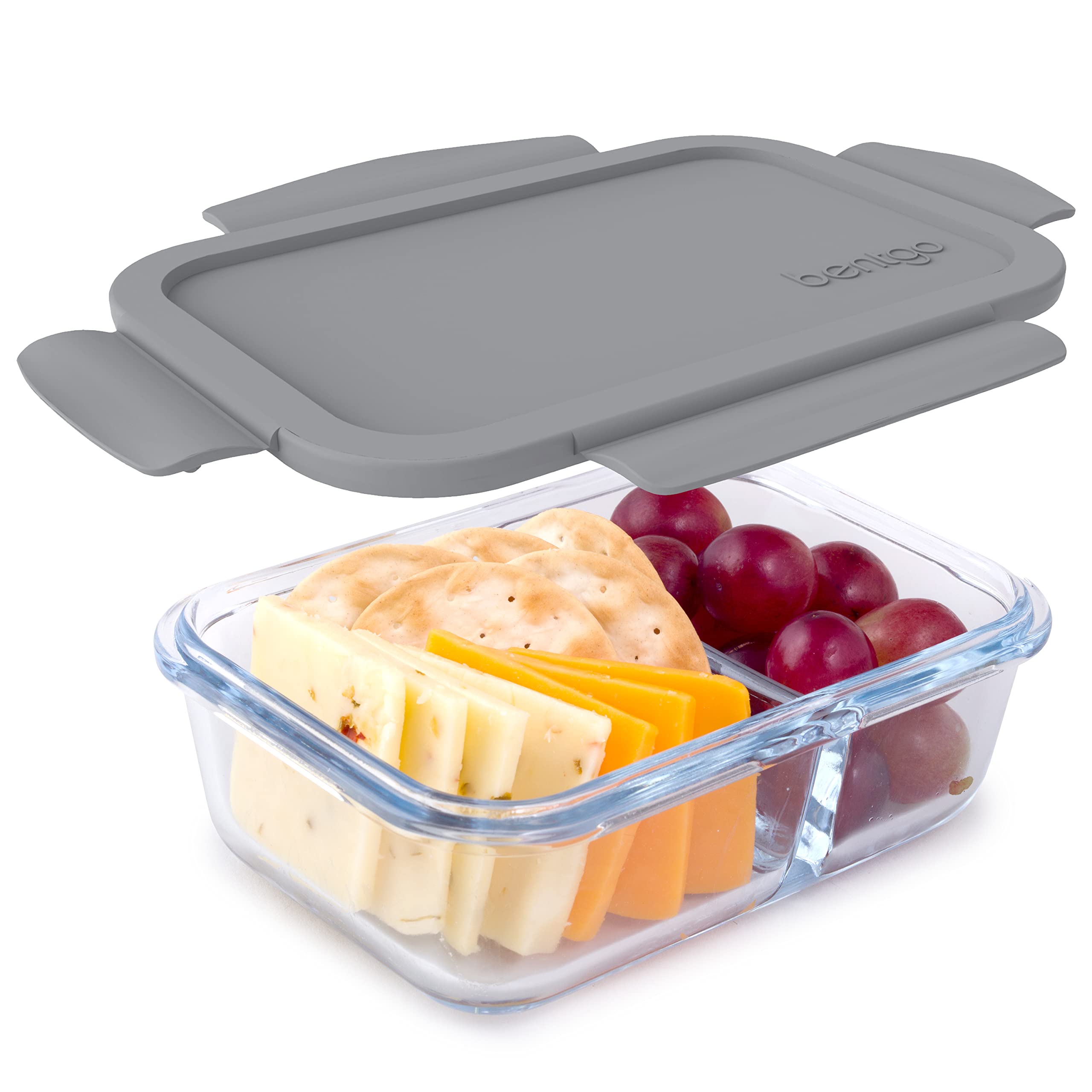 Bentgo® Glass Snack - Leak-Proof Bento-Style Snack Container with Airtight Lid and Divided 2-Compartment Design - 1.75 Cup Capacity for Meal Prepping, and Portion-Controlled Snacking (Gray)