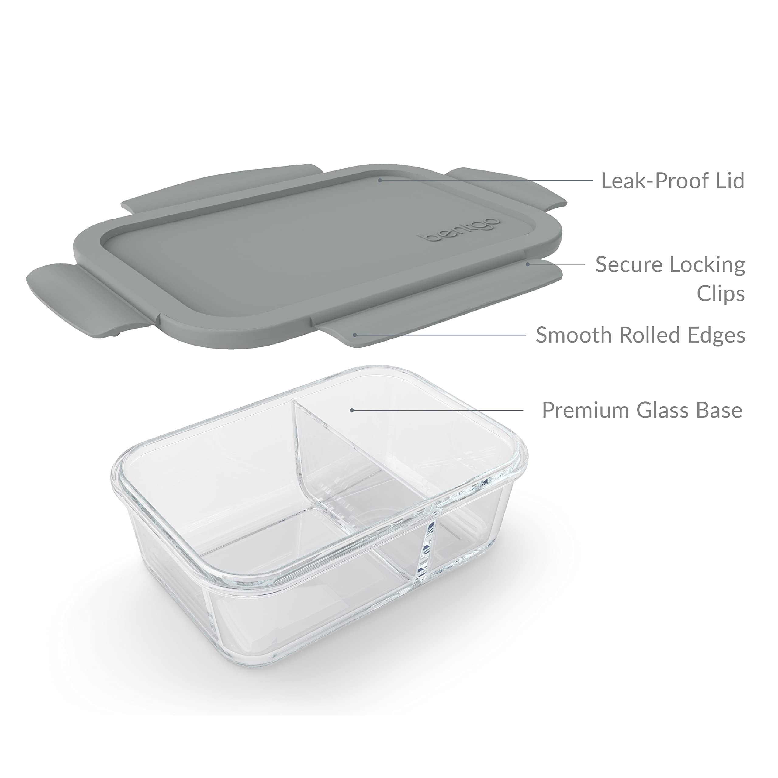 Bentgo® Glass Snack - Leak-Proof Bento-Style Snack Container with Airtight Lid and Divided 2-Compartment Design - 1.75 Cup Capacity for Meal Prepping, and Portion-Controlled Snacking (Gray)