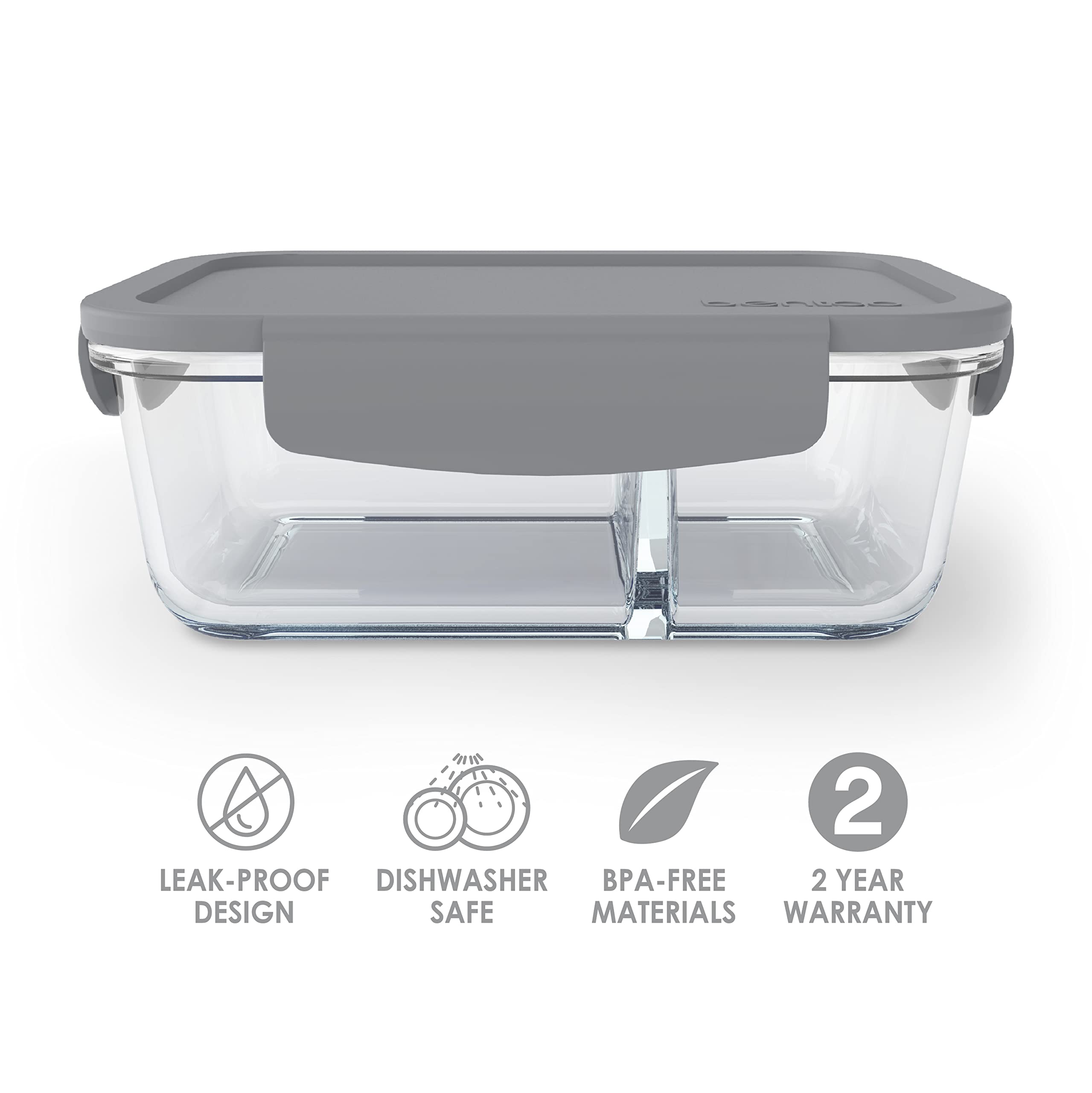 Bentgo® Glass Snack - Leak-Proof Bento-Style Snack Container with Airtight Lid and Divided 2-Compartment Design - 1.75 Cup Capacity for Meal Prepping, and Portion-Controlled Snacking (Gray)