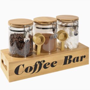 3pcs glass coffee canister with shelf printed coffee bar, sugar container, 3x53oz glass coffee bean storage jars with airtight locking clamp lids spoons, coffee containers set kitchen food storage tea