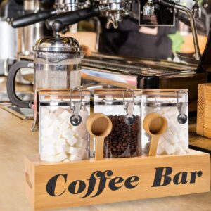 3Pcs Glass Coffee Canister with Shelf Printed Coffee Bar, Sugar Container, 3x53oz Glass Coffee Bean Storage Jars with Airtight Locking Clamp Lids Spoons, Coffee Containers Set Kitchen Food Storage Tea