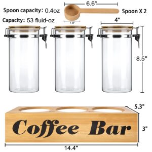 3Pcs Glass Coffee Canister with Shelf Printed Coffee Bar, Sugar Container, 3x53oz Glass Coffee Bean Storage Jars with Airtight Locking Clamp Lids Spoons, Coffee Containers Set Kitchen Food Storage Tea