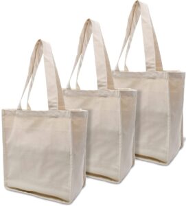 canvas grocery bag - 3 pack large organic cotton fabric bags with handles & interior pockets, reusable eco-friendly blank cloth totes for groceries, shopping, sublimation, travel, bulk - 13.5x16.5x8