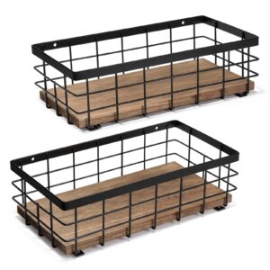 tj.moree 2-pack small metal wire basket, decorative wood base organizer for bathroom, kitchen, basket for toilet paper storage, sugar packet, coffee syrup, guest towel, napkin