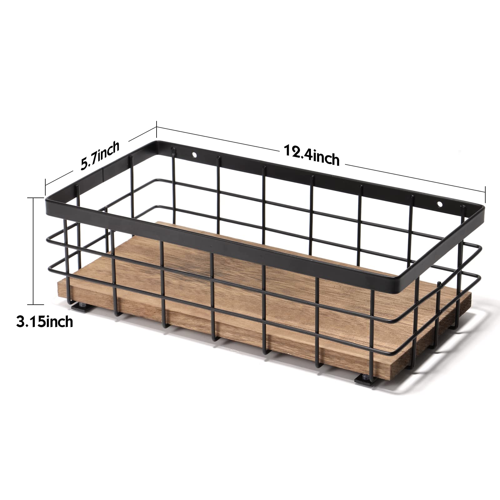 TJ.MOREE 2-Pack Small Metal Wire Basket, Decorative Wood Base Organizer for Bathroom, Kitchen, Basket for Toilet Paper Storage, Sugar Packet, Coffee Syrup, Guest Towel, Napkin