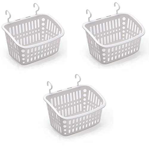 Doitxue 3PCS Plastic Hanging Baskets for Shower, Hanging Basket Organizer with Hooks, Rectangle 8.5Inches Small Hanging Storage Basket (Grey)