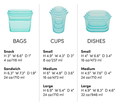 Zip Top Reusable Food Storage Bags | Full Set of 8 [Teal] | Silicone Meal Prep Container | Microwave, Dishwasher and Freezer Safe | Made in the USA