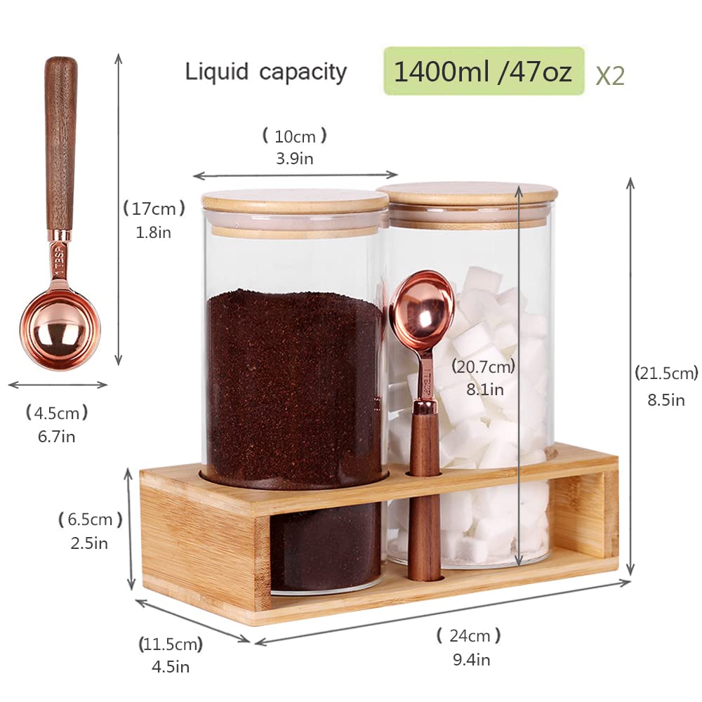 Glass Coffee Containers with Shelf, Set of 2 Coffee Bean Storage with Bamboo Lids and Spoon, Ground Coffee and Suger Jar Container Set for Coffee Bar (47 OZ)