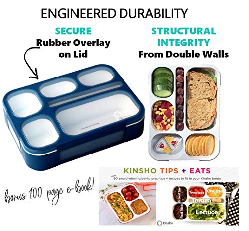 kinsho Bento Lunch Box Kids, Leakproof Lunch Containers for Boys Girls Adults with 6 Compartments - School, Daycare, Meal Planning Portion Control Container, BPA-Free Boxes, Utensils, Navy Blue