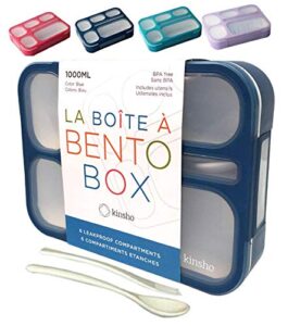 kinsho bento lunch box kids, leakproof lunch containers for boys girls adults with 6 compartments - school, daycare, meal planning portion control container, bpa-free boxes, utensils, navy blue