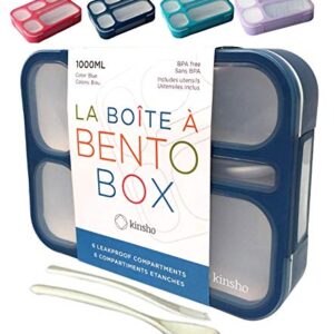 kinsho Bento Lunch Box Kids, Leakproof Lunch Containers for Boys Girls Adults with 6 Compartments - School, Daycare, Meal Planning Portion Control Container, BPA-Free Boxes, Utensils, Navy Blue