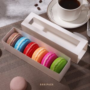 BAKIPACK 25 Macaron Boxes for 6 Macarons White Macaron Boxes with Interior Measurement 7.3" x 1.9" x 1.9" Macarons Gift Boxes with Clear Window (without Macaron inside)