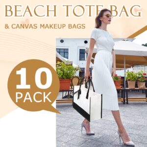 10 Pcs Canvas Tote Bags for Women Canvas Gift Bag with Makeup Bag Large Beach Tote Bag Reusable Blank Tote Bag for Bridesmaid Wedding Shopping Grocery Travel,15.7 x 11.8 x 6.7 Inch (Polka Dot Ribbon)