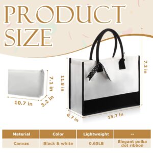 10 Pcs Canvas Tote Bags for Women Canvas Gift Bag with Makeup Bag Large Beach Tote Bag Reusable Blank Tote Bag for Bridesmaid Wedding Shopping Grocery Travel,15.7 x 11.8 x 6.7 Inch (Polka Dot Ribbon)