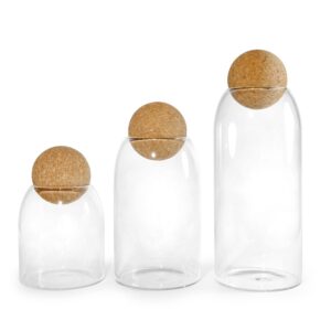 glass storage jars with cork lid ball 3 pack, clear canisters with air tight wood cork lid sphere for kitchen organization spice coffee glass storage containers modern home décor (17oz, 27oz, 40oz)