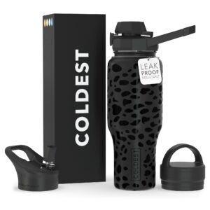 coldest sports water bottle - 3 lids (chug lid, straw lid, handle lid) tumbler with handle on lid water bottles cup vacuum insulated stainless steel, fits cirkul lid (36 oz, black leopard)