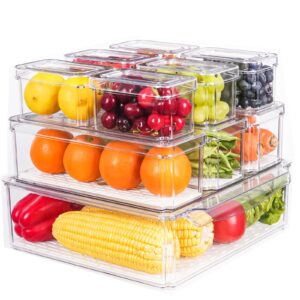 godorio set of 10 fridge organizers, stackable refrigerator organizer bins with lids, bpa-free fridge organizers and storage clear containers, clear plastic pantry storage bins for fruits, vegetable