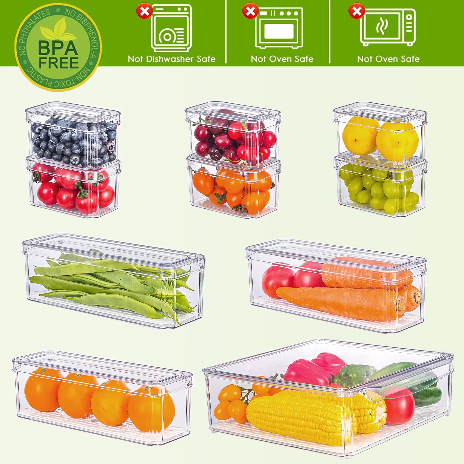 GODORIO Set of 10 Fridge Organizers, Stackable Refrigerator Organizer Bins with Lids, BPA-Free Fridge Organizers and Storage Clear Containers, Clear Plastic Pantry Storage Bins for Fruits, Vegetable