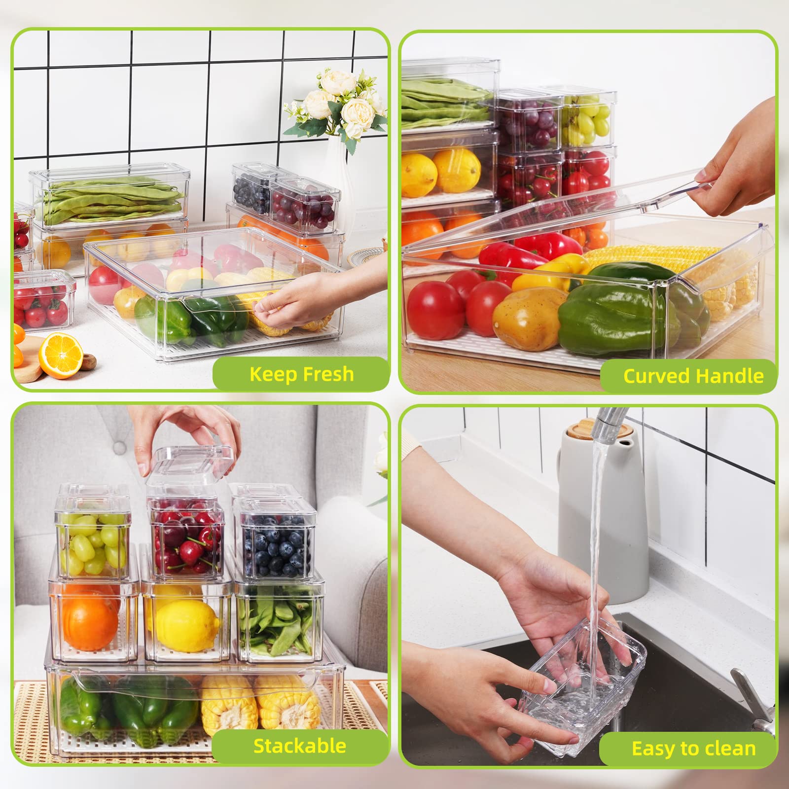 GODORIO Set of 10 Fridge Organizers, Stackable Refrigerator Organizer Bins with Lids, BPA-Free Fridge Organizers and Storage Clear Containers, Clear Plastic Pantry Storage Bins for Fruits, Vegetable