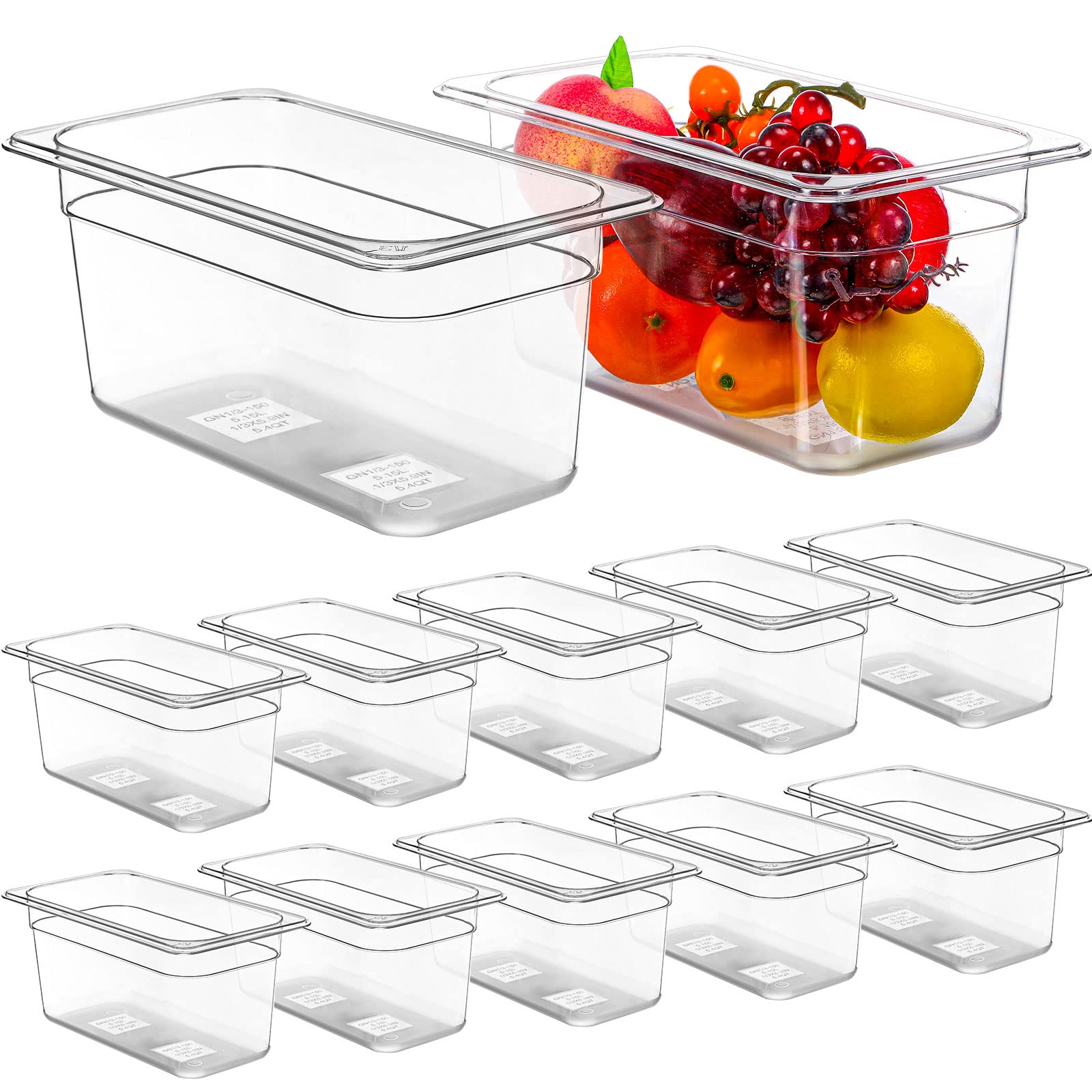 Yinder 12 Pack Plastic Food Pan 1/3 Size Commercial Food Storage Containers Pans Clear Stackable Restaurant Hotel Pans for Kitchen Fruits Vegetables Beans Corns(6 Inches High, 2.25 Gallon)