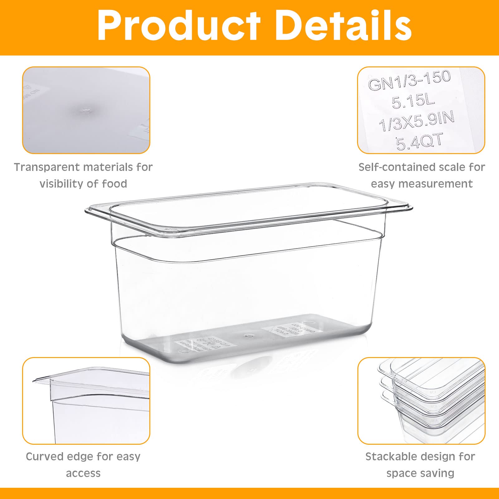 Yinder 12 Pack Plastic Food Pan 1/3 Size Commercial Food Storage Containers Pans Clear Stackable Restaurant Hotel Pans for Kitchen Fruits Vegetables Beans Corns(6 Inches High, 2.25 Gallon)