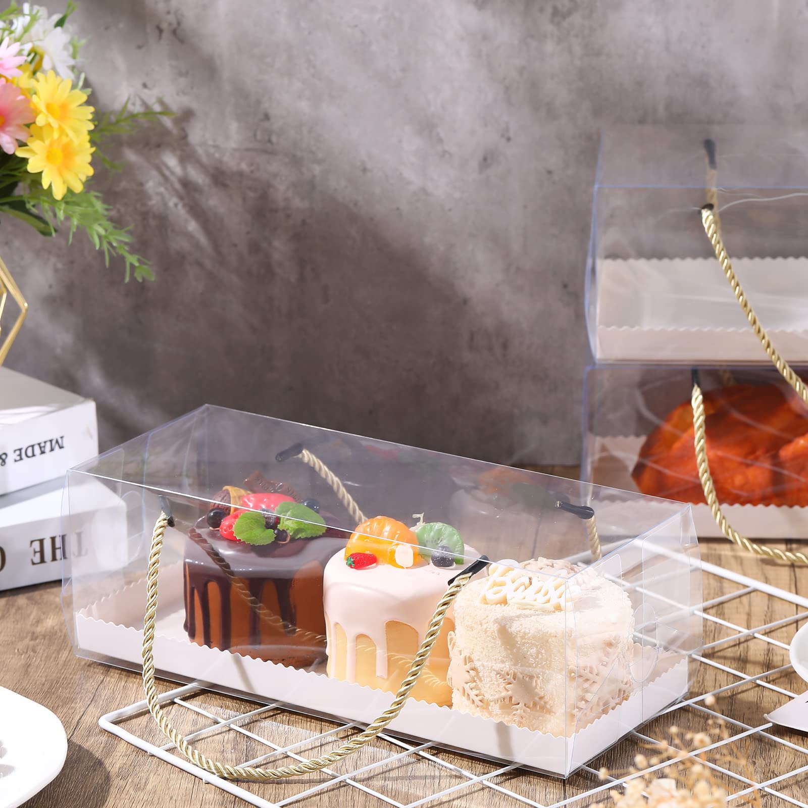 30 Pcs Clear Cupcake Boxes Bakery Cake Boxes with Handle and Paperboard Plastic Rectangular Cupcake Containers Portable Clear Gable Boxes Dessert Cookies Gift Boxes for Party Favor 10.8 x 4.3 x 3.7''