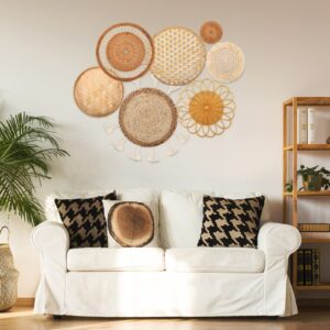 Set of 7 Wall Basket Decor Boho Wall Hanging Decor Rattan Wall Decor Flat Round Woven Macrame Tassels White Tapestry Bamboo Wall Basket Serving Tray Art Handmade Set for Room Bedroom Living Room