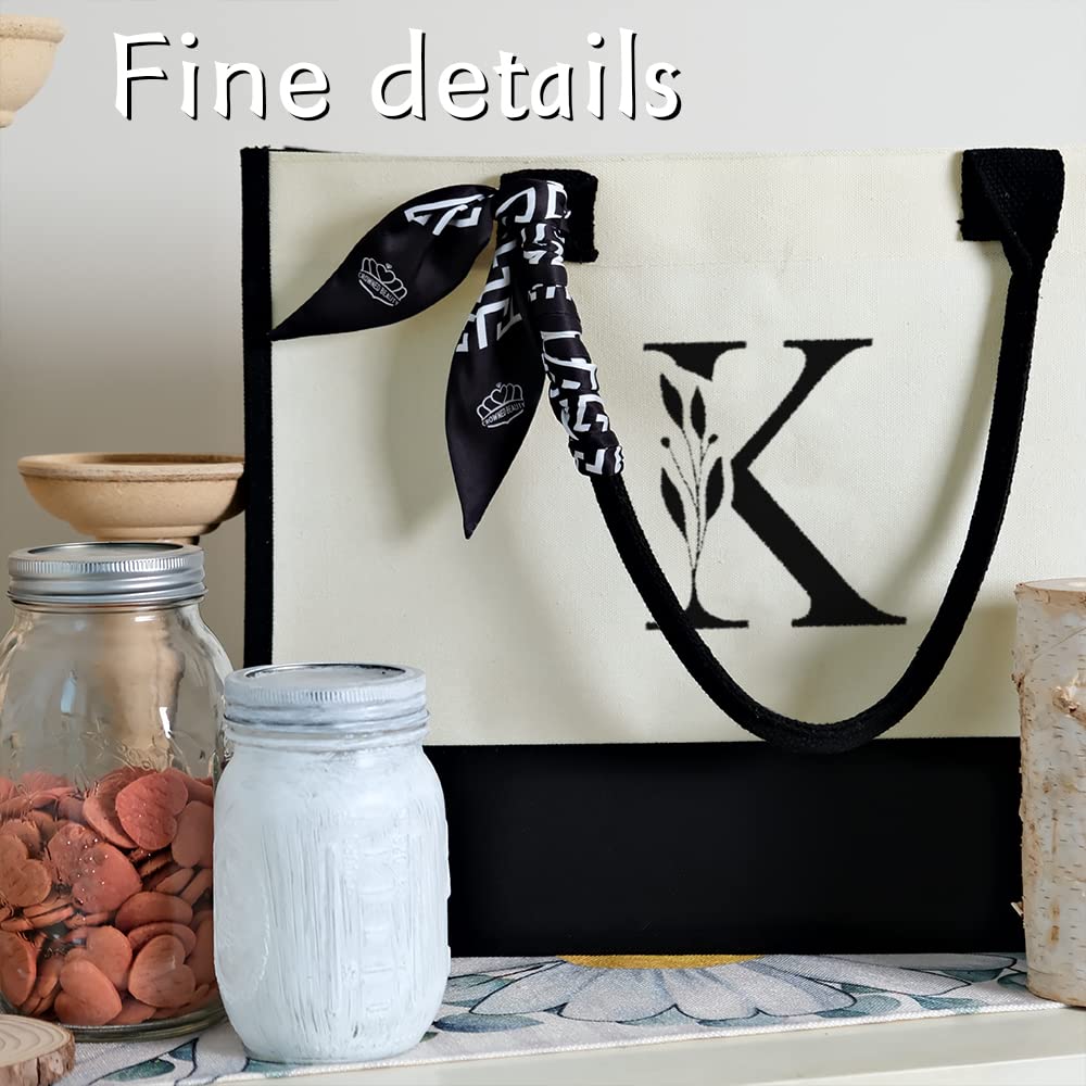 CROWNED BEAUTY Canvas Tote Bag with Zipper Pocket, Personalized Birthday Gift for Women, Embroidery Initial Letter K Bag for Vacation Beach CT37-K