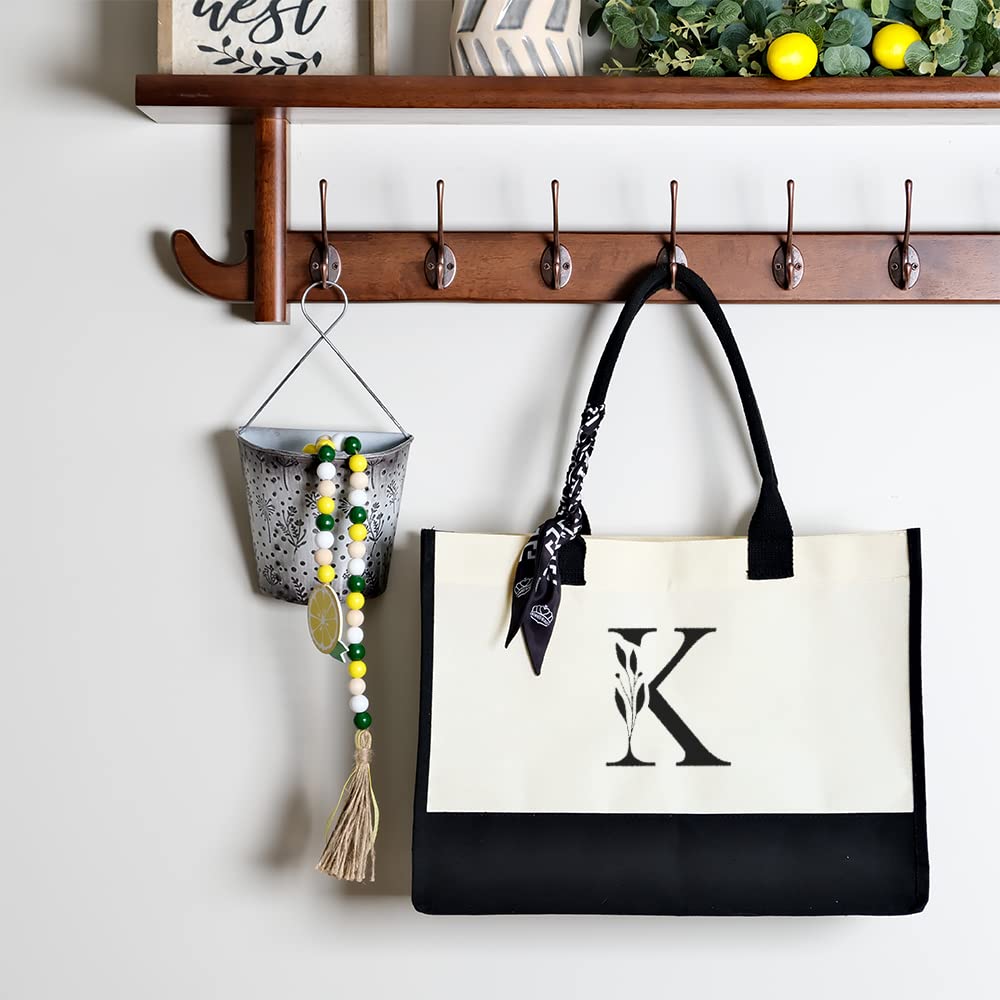 CROWNED BEAUTY Canvas Tote Bag with Zipper Pocket, Personalized Birthday Gift for Women, Embroidery Initial Letter K Bag for Vacation Beach CT37-K