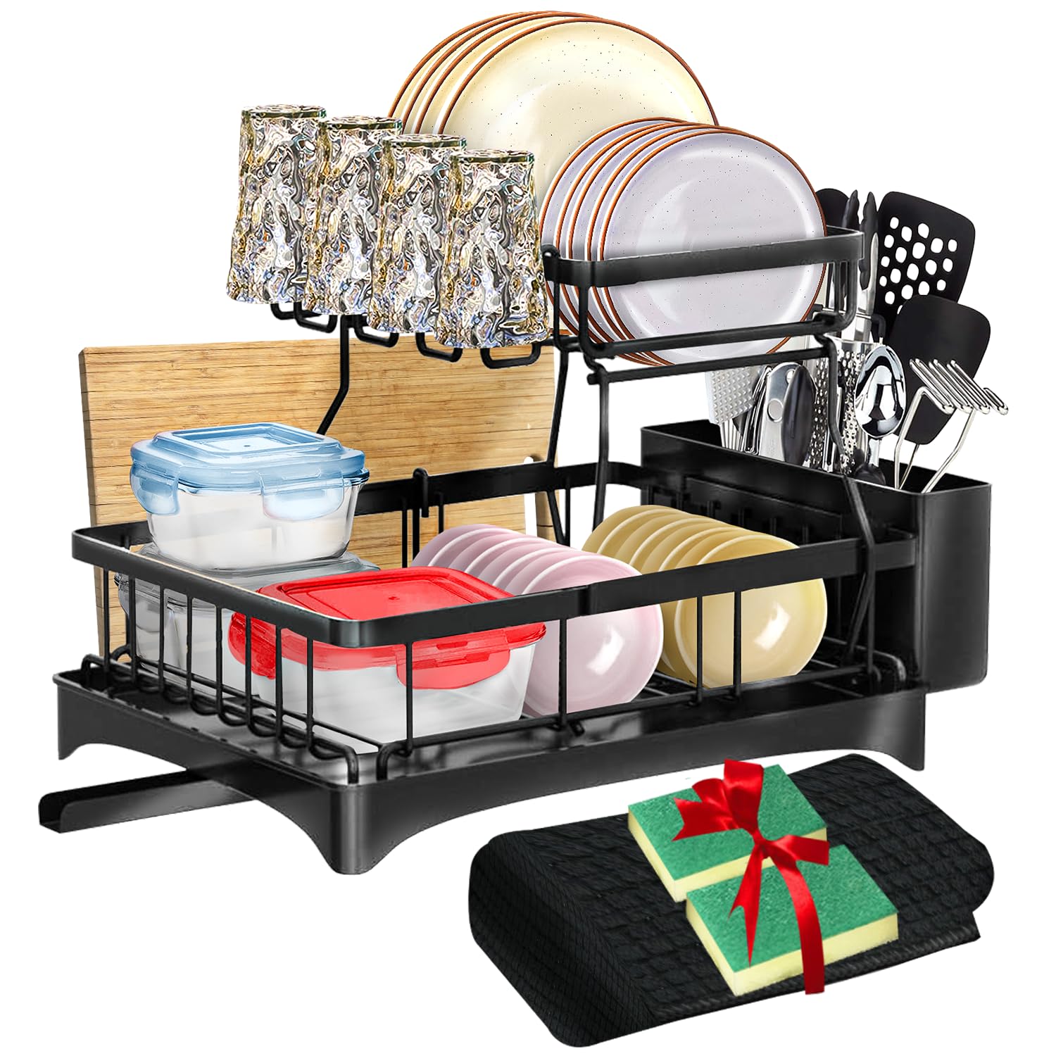 DINEST Dish Drying Rack with Drainboard, Large Capacity 2-Tier Dish Rack for Kitchen Counter Organizer & Storage, Rust Resistant Metal Dish Rack with Utensil Holders & Cutting Board Rack - Black