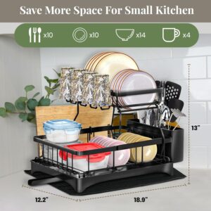 DINEST Dish Drying Rack with Drainboard, Large Capacity 2-Tier Dish Rack for Kitchen Counter Organizer & Storage, Rust Resistant Metal Dish Rack with Utensil Holders & Cutting Board Rack - Black