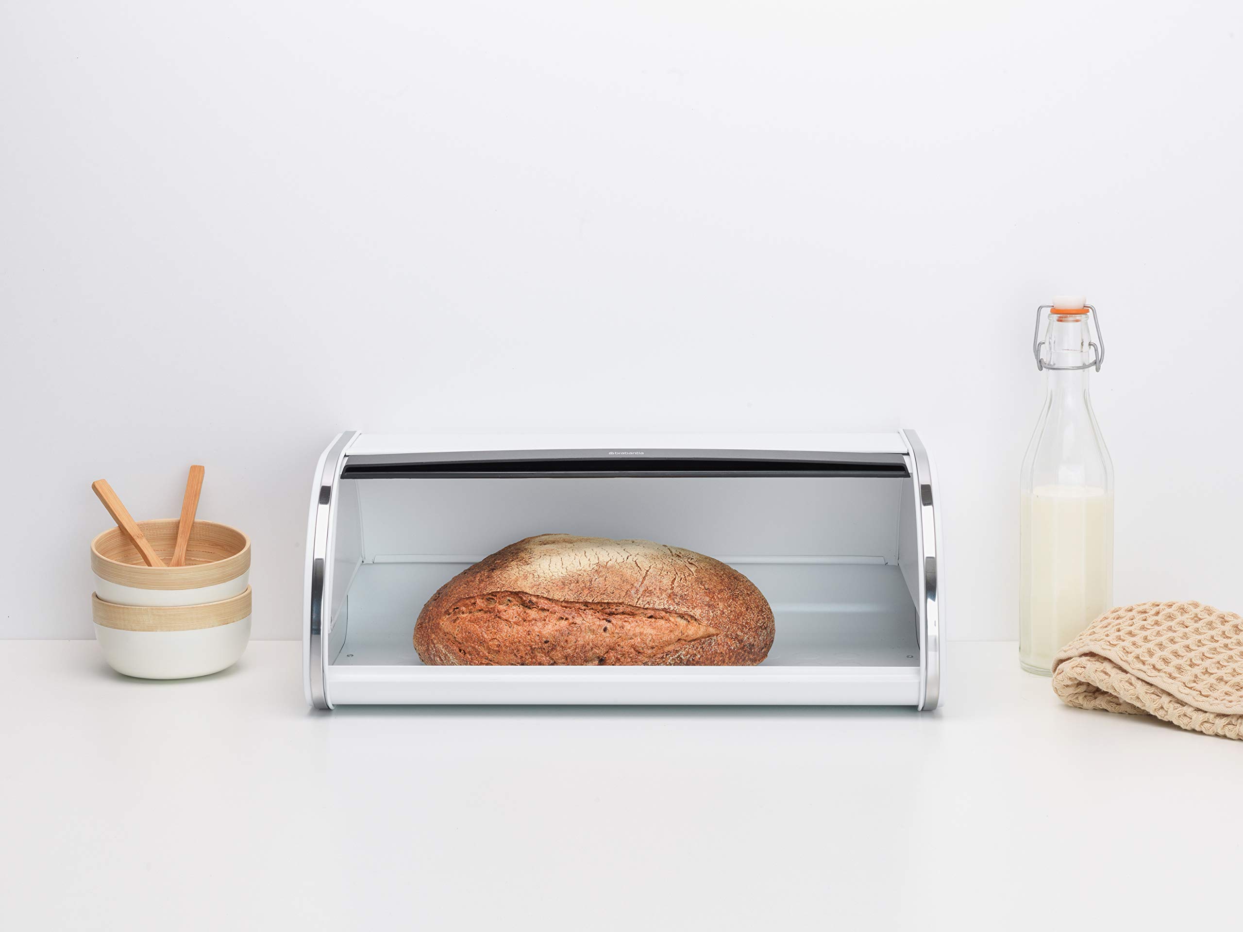 Brabantia Roll Top Bread Box (Fresh White) Large Front Opening Flat Top Bread Box, Fits 2 Loaves, Ideal for Kitchen Counter