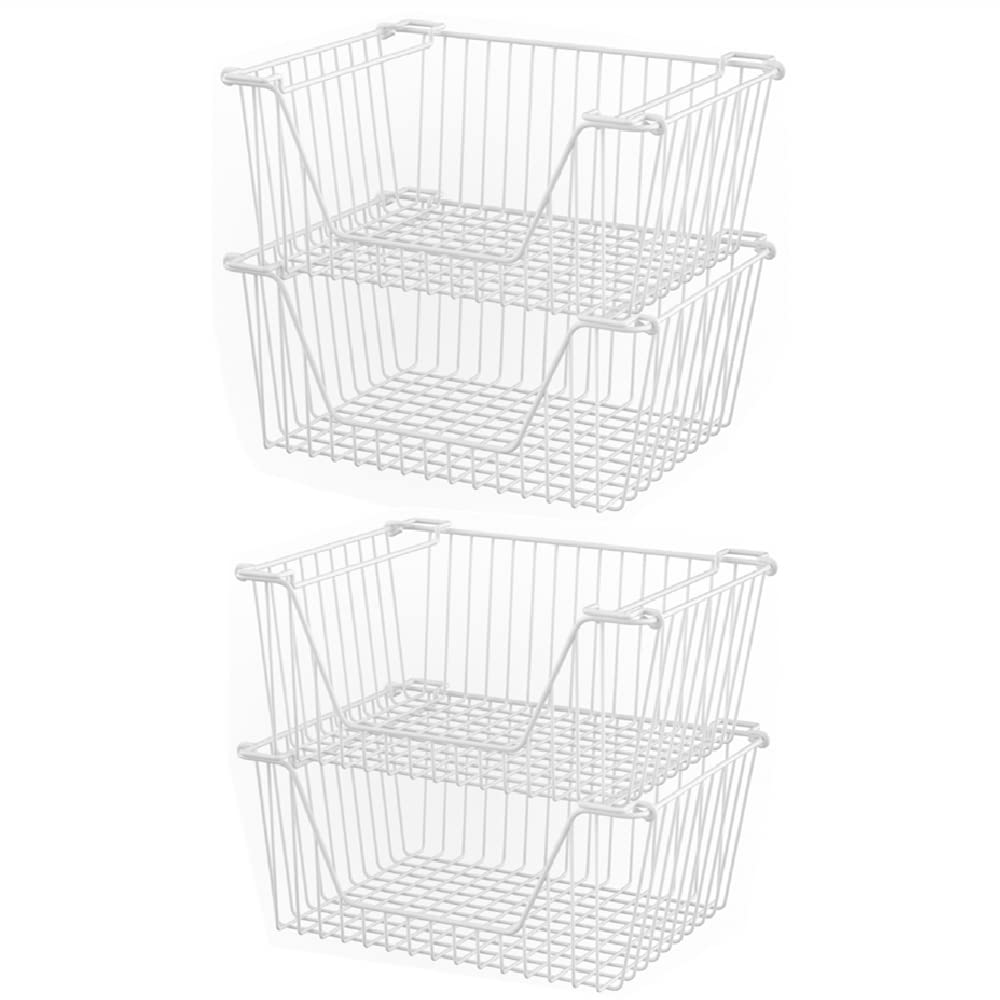 Slideep 14'' Large Stackable Storage Baskets Cabinet Organizer Sturdy Metal Wire Pantry Freezer Bin for Pantry Home Bathroom Kitchen Organization White - 4 Pack