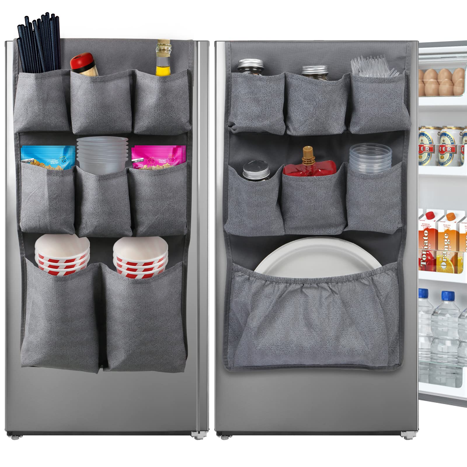 Lafulling Fridge Dust Cover Top, Mini Fridge Caddy Organizer Storage Bag with 15 Extra Large Fabric Pockets for Dorm, Pantry, Plate, Silverware, Spice, Cutlery, Napkins, Other Daily Stuff