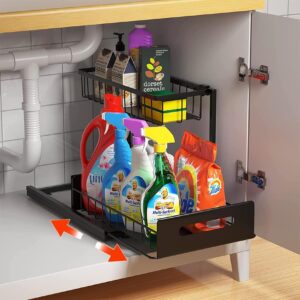 fodayuse l-shaped under sink organizer with sliding design, pull out cabinet storage 2-tier shelf under cabinet organizer multi-use for kitchen bathroom sink organizers and storage cabinet, metal