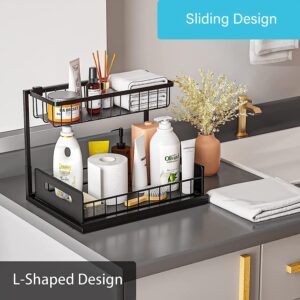 Fodayuse L-Shaped Under Sink Organizer with Sliding Design, Pull Out Cabinet Storage 2-Tier Shelf Under Cabinet Organizer Multi-Use for Kitchen Bathroom Sink Organizers and Storage cabinet, Metal