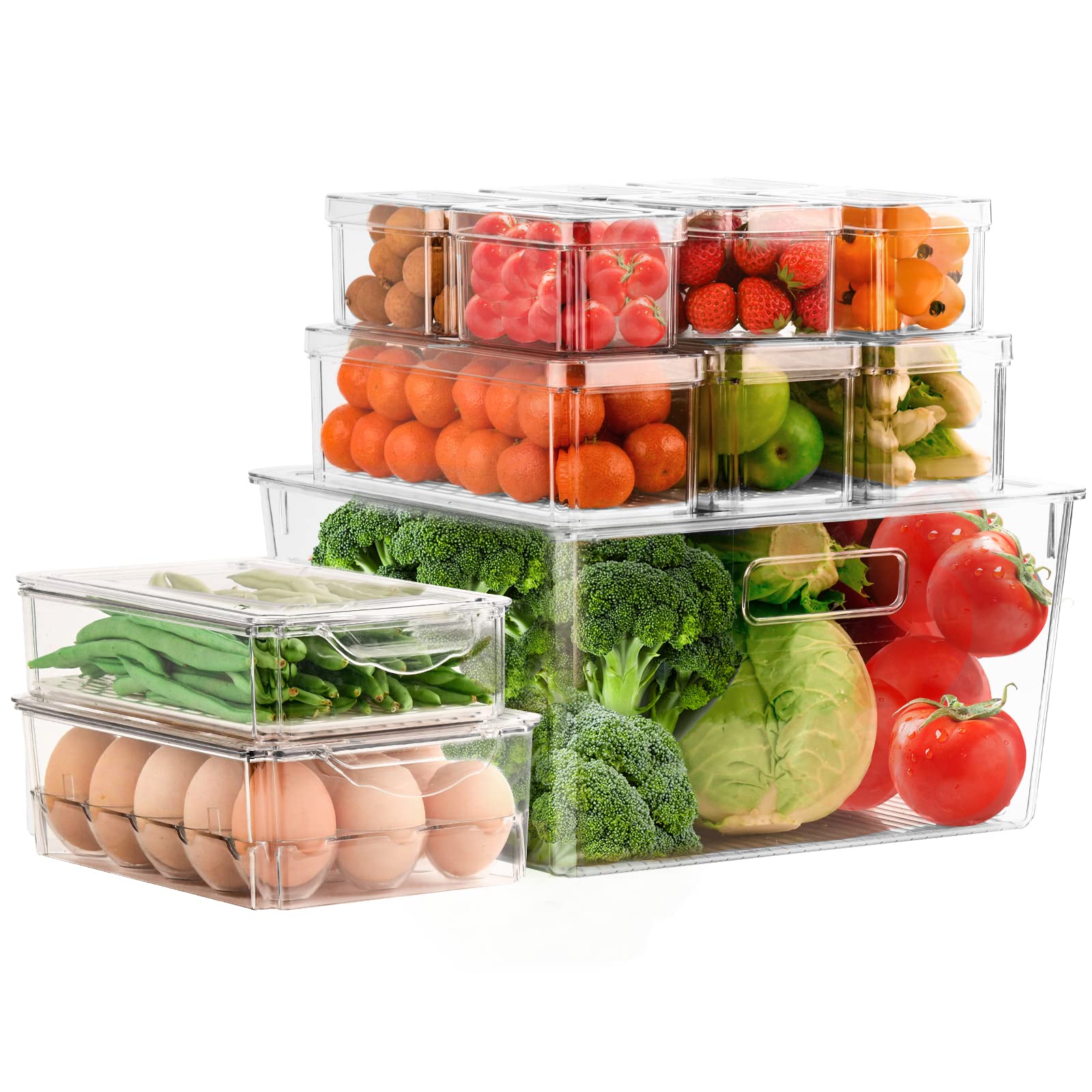 12-pack Clear Stackable Fridge Organizer with Lids, Egg Holder for Refrigerator, Plastic Refrigerator Organizer Bins with 4 Drain Trays, Fruit Storage Containers for Fridge