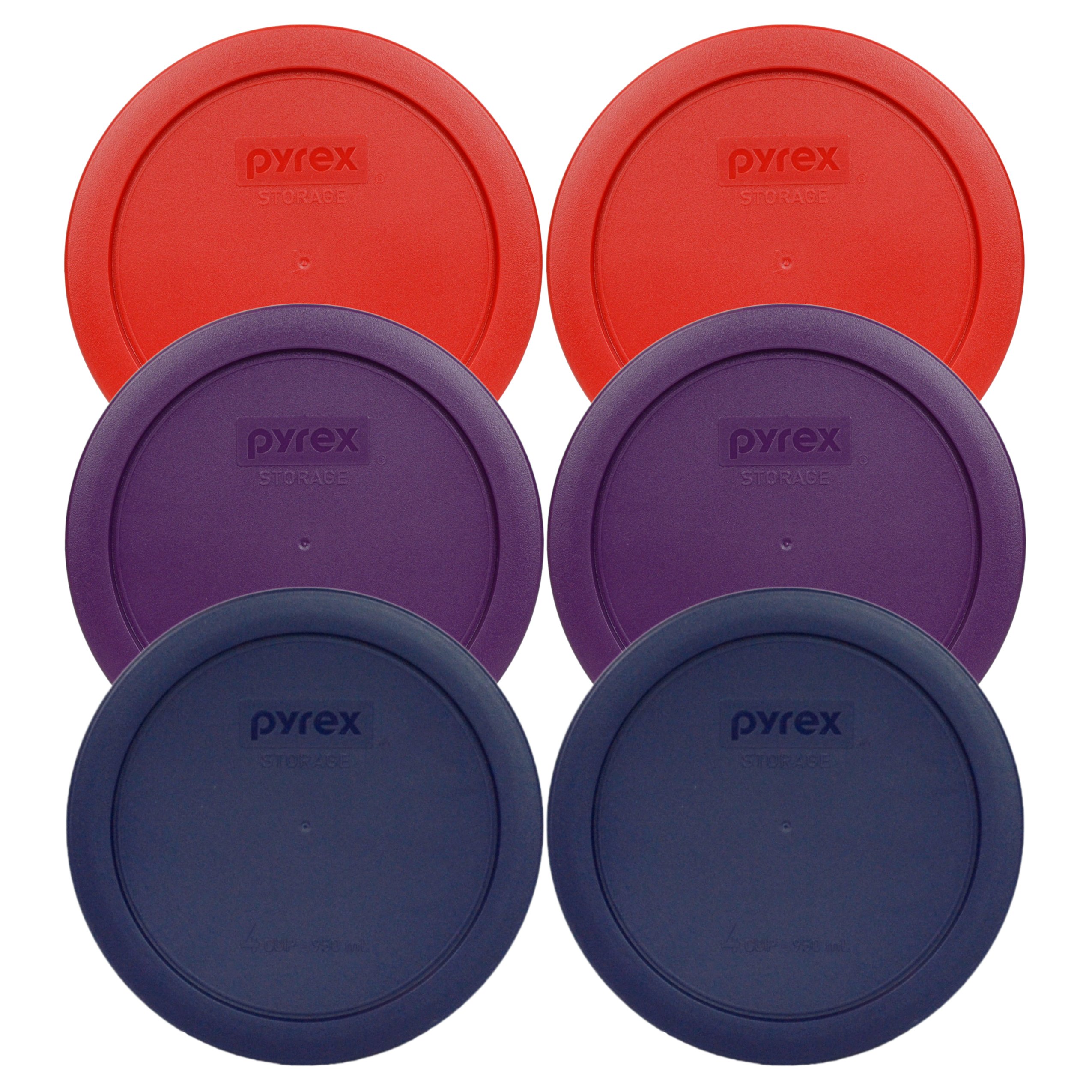 Pyrex 7201-PC (2) Poppy Red, (2) Purple, & (2) Blue Round 4 Cup Plastic Storage Lids, Made in USA