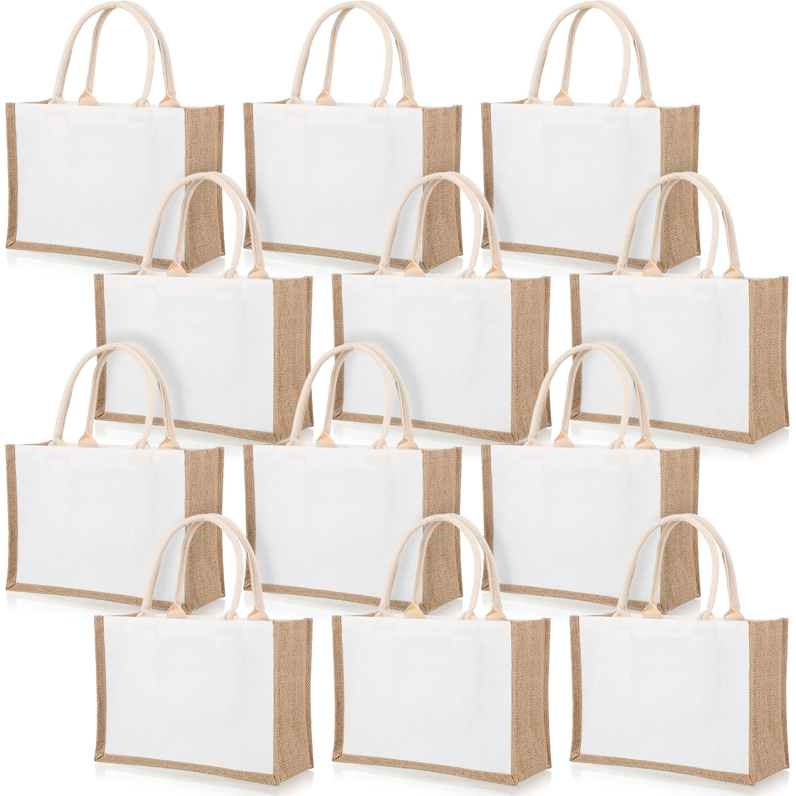 12 Pieces Burlap Tote Bags Set White and Jute Tote Bag with Handles Blank Large Burlap Reusable Grocery Bags Water Resistant for Bridesmaid Gift Shopping DIY Bags, 14.57 x 10.24 x 6.69 Inches