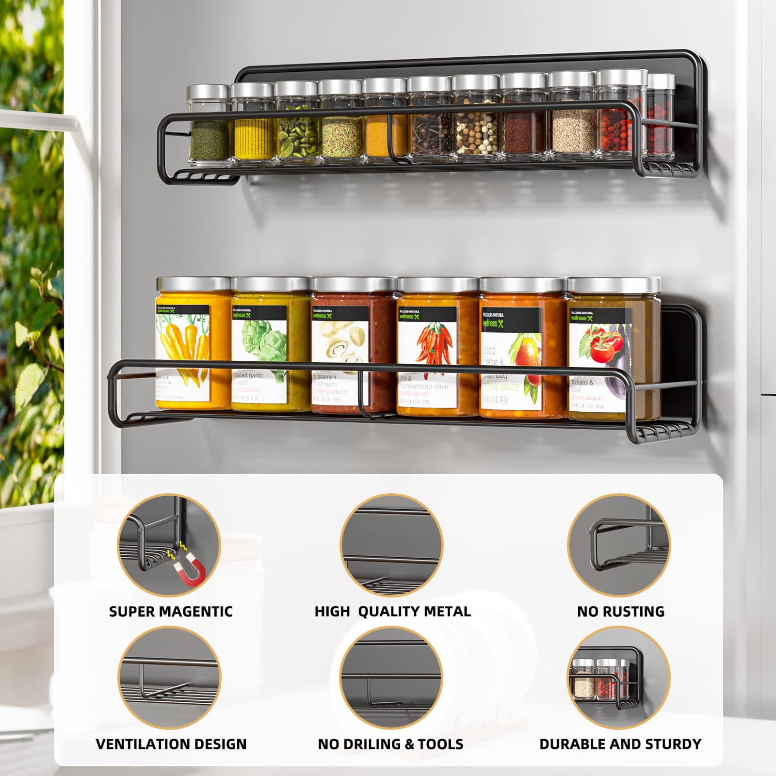 DOUBLE 2 C Magnetic Spice Rack for Refrigerator, 4 Packs Strong Magnetic Shelves Fridge Organizer, Large Capacity Space Saving Spice Organizer Shelf for Kitchen Storage