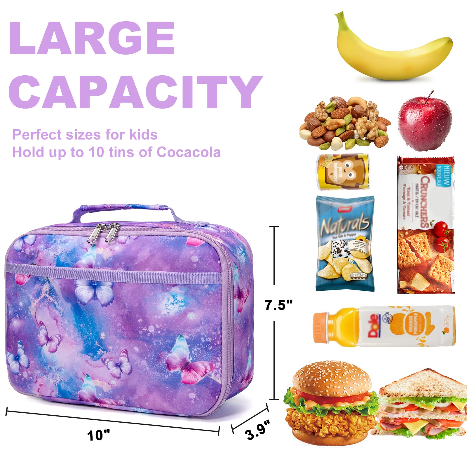 Kids Girls Lunch Bag Insulated Lunch Box for school Lunch Cooler Organizer School Kids Lunch Tote (purple butterfly)