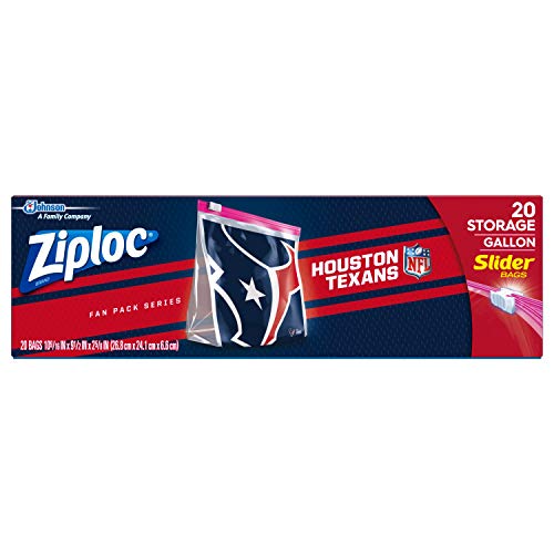 Ziploc Slider Storage Gallon Bag, Great for grab-and-go snacking, tailgating or homegating, 20 Count- NFL Houston Texans