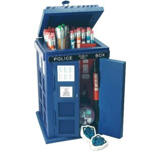 cedar alpha wooden tardis cookie jar, desk shed, wood desk shed pen pencil holder, container