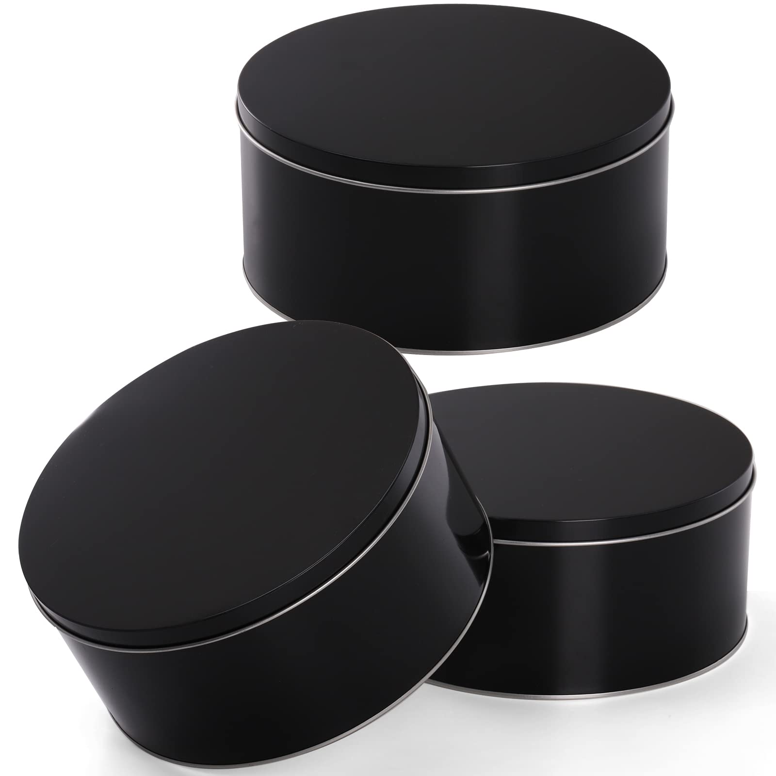 Yopay 3 Pack Cookie Tin with Lid, Round Gift Tin, Black Baking Cake Container for Storing Patisseries, Snack, Chocolate, Easter, Special Occasion, Holidays, 7" Wide by 3.2" Tall