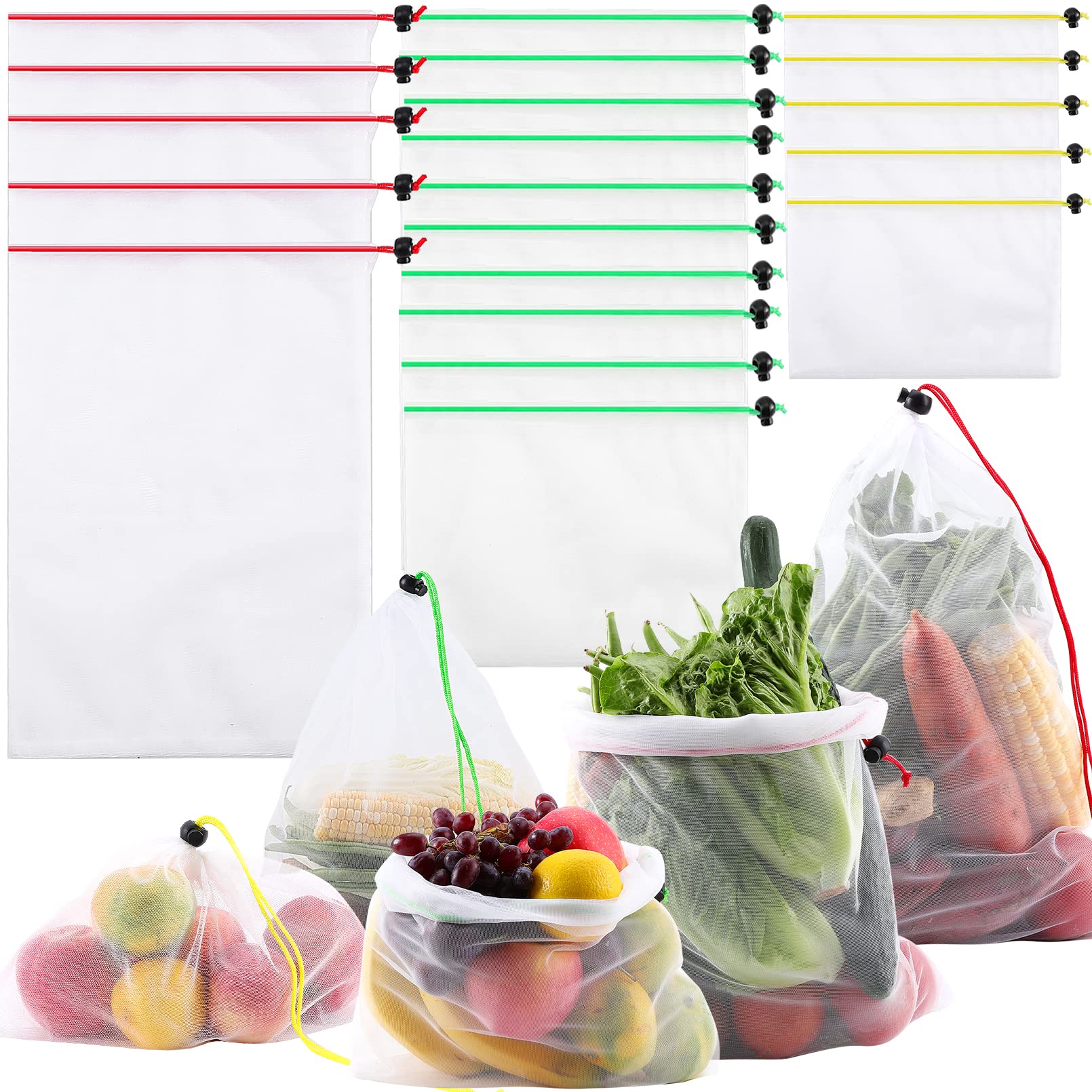 20 Pack Reusable Produce Bags,Mesh Produce Bags Washable,See-Through Vegetables Fruits Bag,Premium Strength Toy Storage Mesh Bags with Drawstring for Fruits Vegetables Fridge Storage Toys,3 Sizes