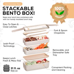 TARLINI | Premium Beige Bento Box for Adults - 3-Stackable Containers - Ideal for Work & On-The-Go - Includes Utensil Set - Eco-Friendly Design - Lunch Box Containers for Healthy Meal Prep | 35 oz