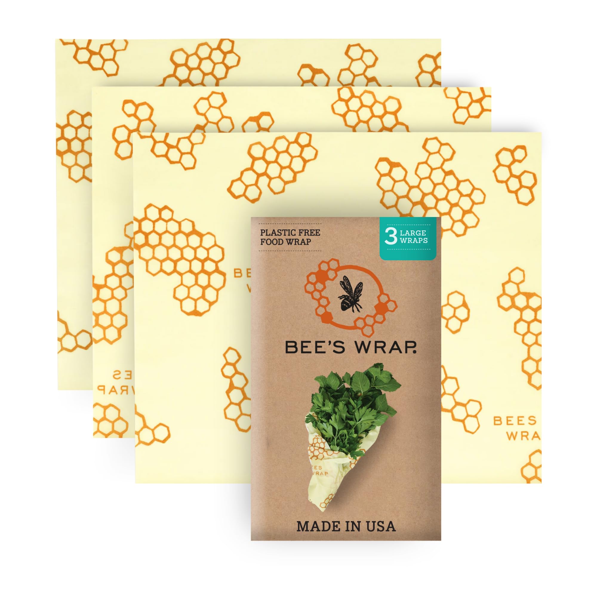 Bee's Wrap Reusable Beeswax Food Wraps Made in the USA, Eco Friendly Beeswax Wraps for Food, Sustainable Food Storage Containers, Organic Cotton Food Wraps, 3 Pack of Large Wraps, Honeycomb Pattern